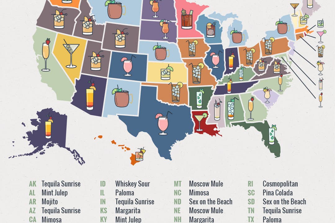 This map shows the most popular cocktail in every state